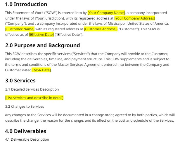 Statement of Work Template Mississippi - Contract Sent