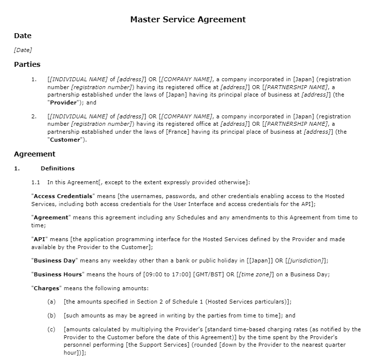 Master Service Agreement Template of Japan - Contract Sent