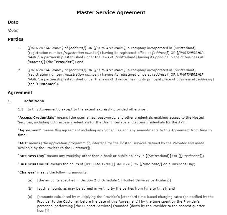 Master Service Agreement Template of Switzerland - Contract Sent