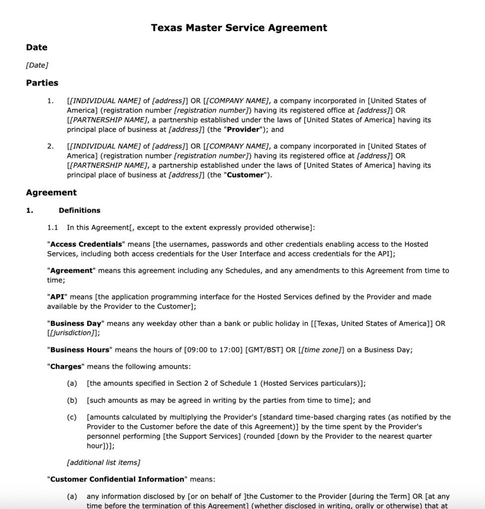 Master Service Agreement Template Texas
